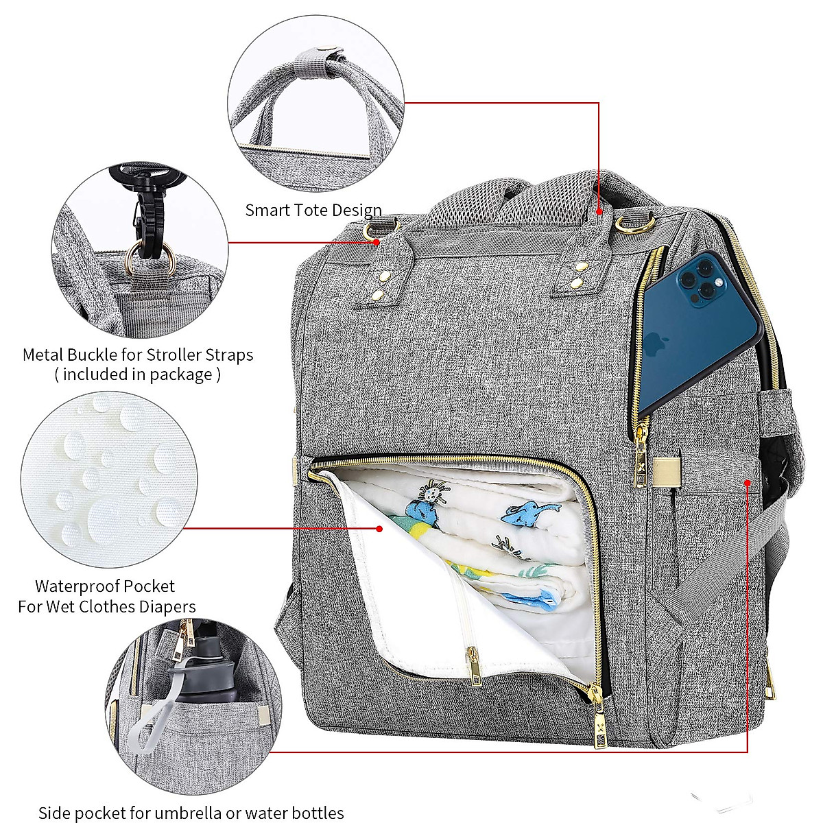 Diaper Bag Backpack Nappy Bags for Mom and Dad Diaper Bag with USB Charging Port Stroller Straps Thermal Pockets,Water Resistant, New Gray