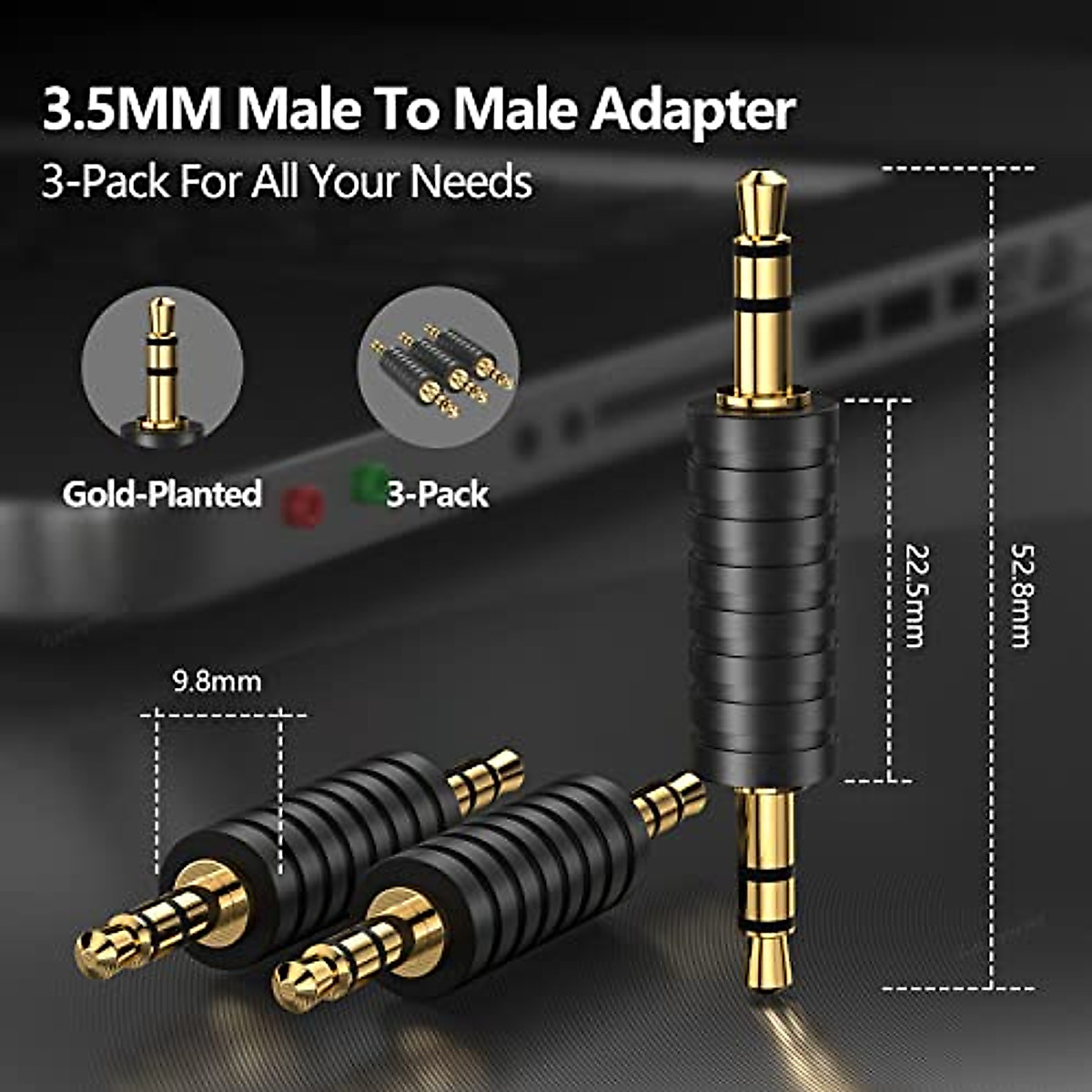 KOOPAO 3.5 to 3.5 Male to Male Plug Adapter, 3.5mm Male Jack Audio Double Sided Aux Adapter, Headphone 3.5mm Coupler Connector for Bluetooth Receiver, Car Stereo, Amp (3 Pack)