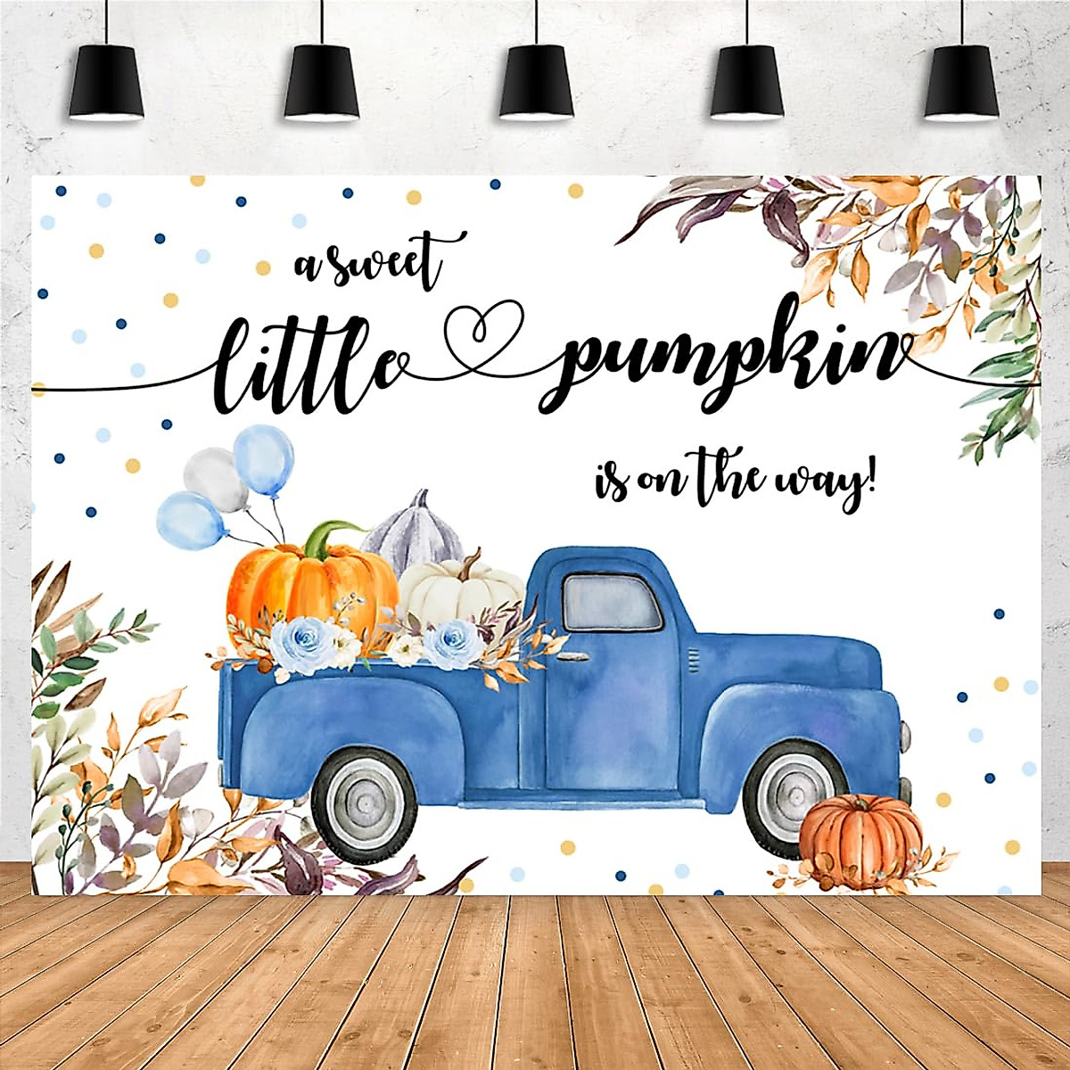 Aperturee Little Pumpkin Baby Shower Backdrop 5x3ft A Little Sweet Pumpkin is On The Way Blue Truck Leaves Balloons It's a Boy Photography Background Fall Autumn Party Decorations Banner Photo Booth…