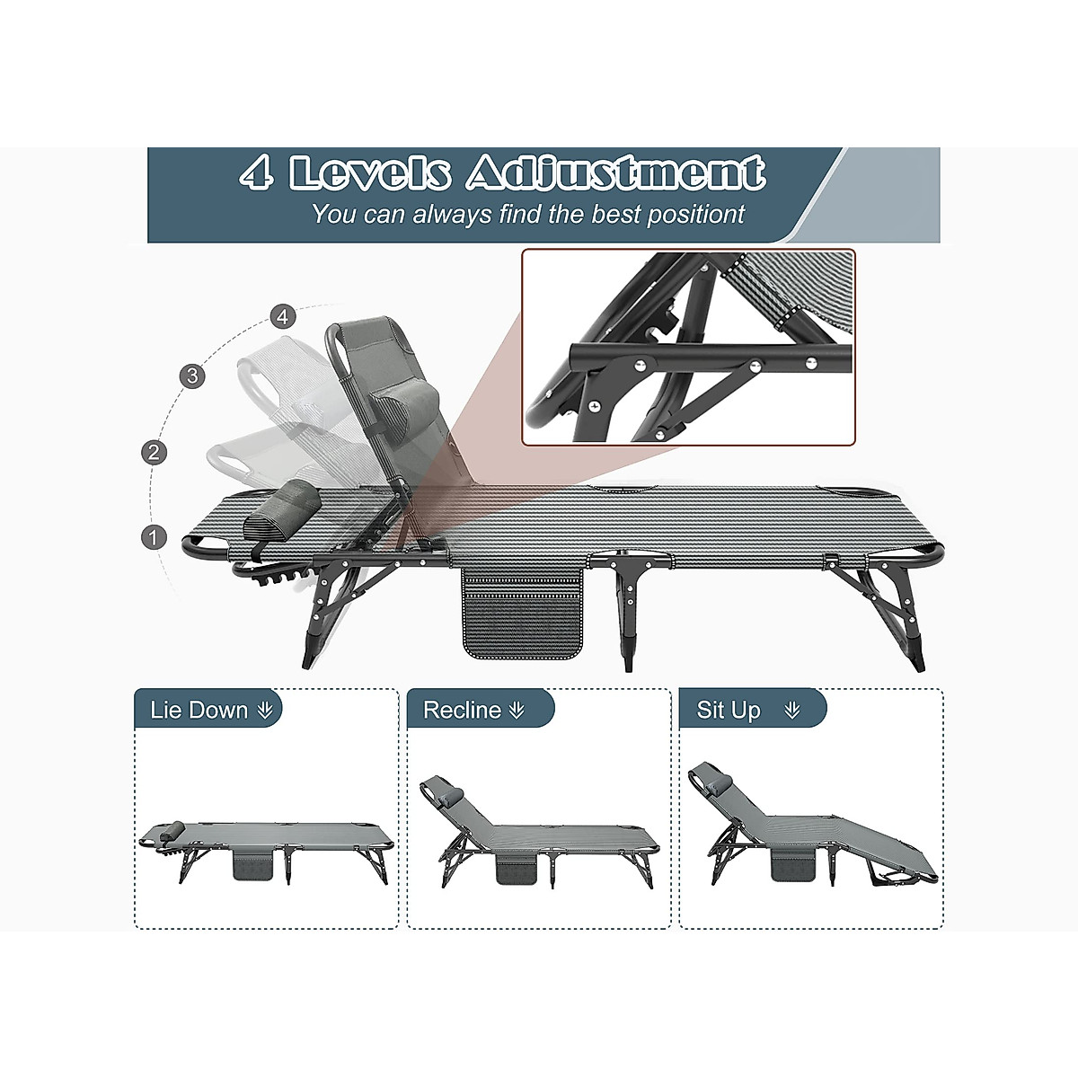 H&ZT Adults Patio Chaise Lounge Chair with Mattress, Outdoors Portable Bed Frame for Adults