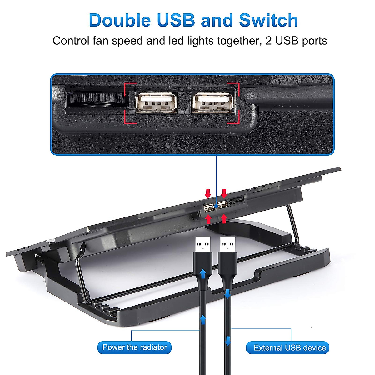 TAEHFUS Laptop Cooling Pad 5 Fans, Perfect for The Laptop Under 17.3 inchs, Blue Lights, Quiet and 2 USB switchs