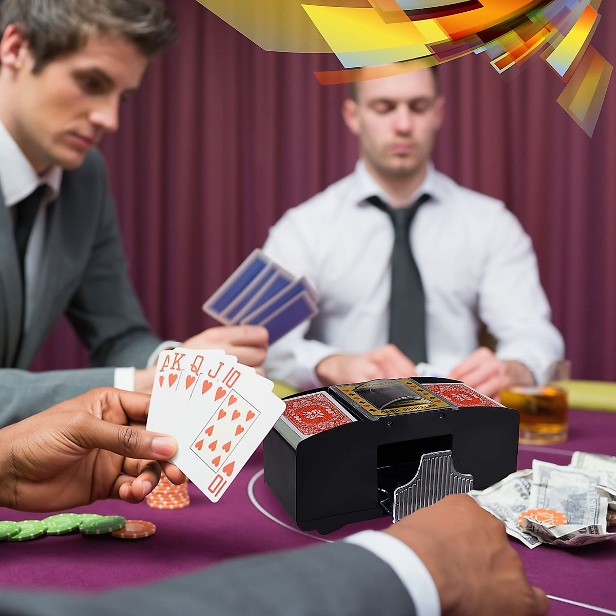 AOPER Automatic Card Shuffler - Electronic Casino Poker Card Shuffling Machine - Battery Operated Plastic Cards Mixer - 2 Deck Playing Cards for Home & Party - 2M USB Line