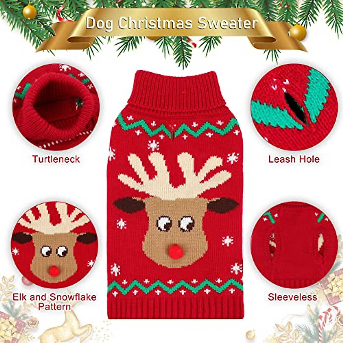 HUMLANJ Christmas Dog Turtleneck Sweater Winter Reindeer Snowflake Sweater with Leash Hole Puppy Knitwear Pullover Holiday Sweaters for Small Medium Large Dogs