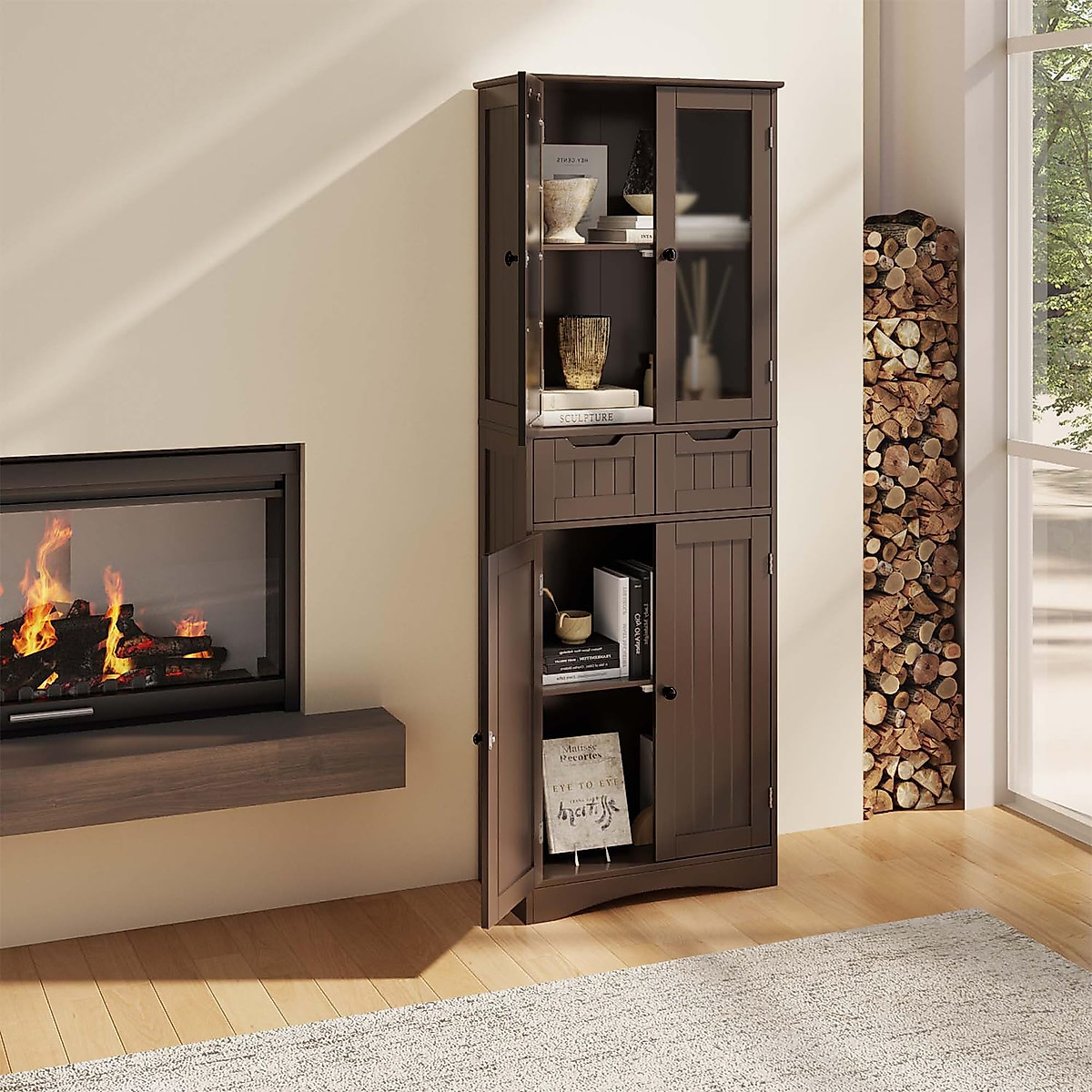 Gizoon 67" Tall Storage Cabinet, Freestanding Kitchen Pantry Cabinet with Glass Door & 2 Shelves & 2 Drawers, Stylish Linen Storage Cabinet for Home, Bathroom, Living Room, Office, Dark Brown