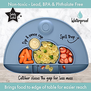 PrimaStella Unbreakable Silicone Platemat - Divided Toddler Plate, Placemat and Food Catcher All-in-one (Slate Blue)