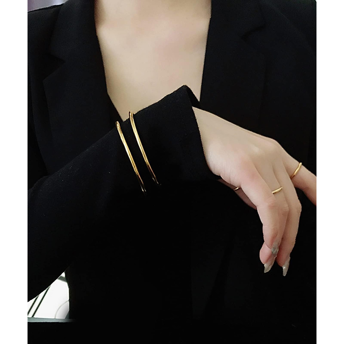 HIIXHC 14K Gold Plated Bangle Bracelet - 3mm Stackable Bangles Bracelet Stainless Steel Thin Round Bracelet Set for Women, Set of 3