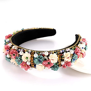 CENAPOG Baroque Crystal Rhinestone Headbands Flower Padded Hairbands for Women Girls Pearl Colorful Bead Embellished Headbands Bejewelled Wide Velvet Hair Hoop for Wedding Bridal Parties (flower)