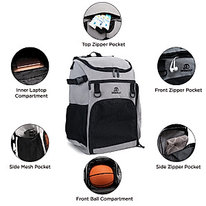 Dremzly Large Gray Adult Sports Gym Backpack for Men and Women with Ball Compartment for Basketball, Volleyball, Soccer, or Rugby