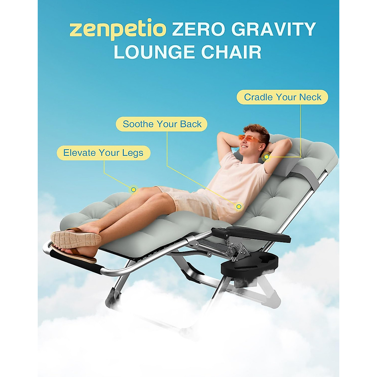 ZENPETIO Zero Gravity Lounge Chair, Outdoor Recliner Chair w/Detachable Cushion Cup Holder and Pillow, Portable Folding Anti Gravity Reclining Chair for Outdoor Camping Patio Lawn Pool, Gray