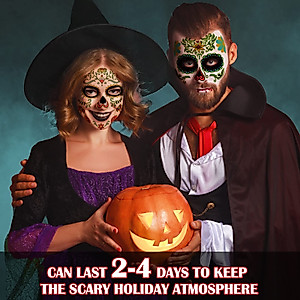 Day of the Dead Face Tattoos Makeup Kit, 10 Pack Halloween Sugar Skull Red Roses Temporary Tattoos for Adults Women Men Kids, DIY Skull Full Face Mask Stickers for Halloween Party Cosplay Supplies