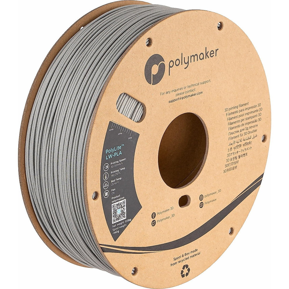Polymaker LW PLA Filament 1.75mm Gray, Pre-Foamed PLA 800g Lightweight 3D Filament - PolyLite 3D Printer LW-PLA for Printing RC Plane, 190-210 °C Printing Temp. | High Rigidity | Easy to Paint