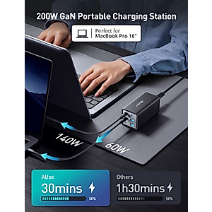 Alfox 200W USB C Charger, 6 Ports GaN PD140W Fast Charging Station, Portable Laptop Charger Block, Compatible with MacBook Pro/Air, iPad Pro/Air, iPhone 15 Pro Max/14, Steam Deck, Dell XPS, HP
