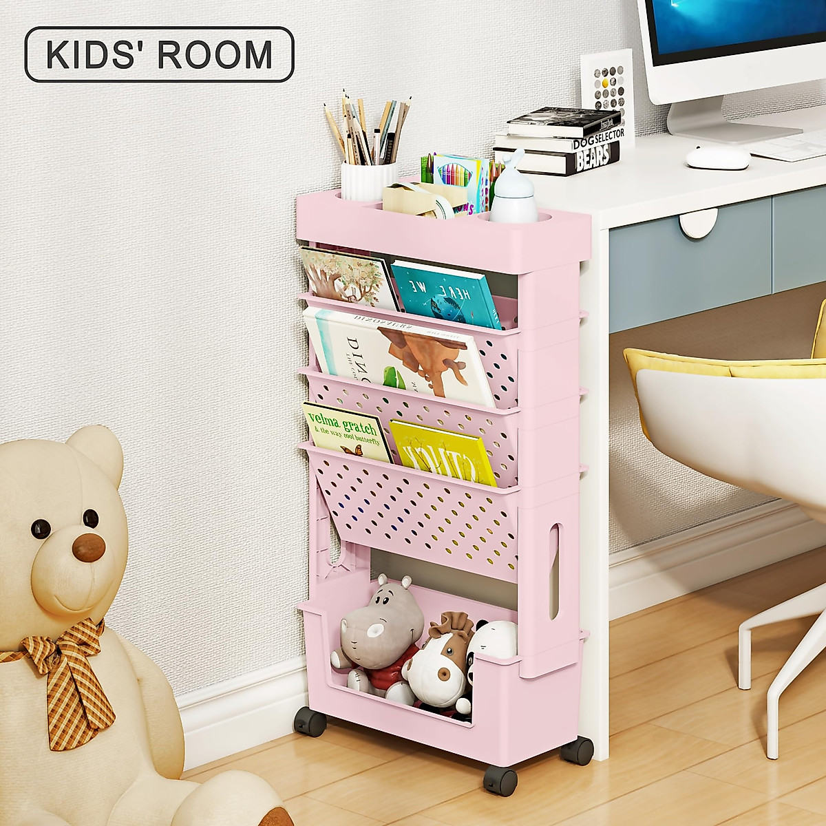 yeavs 5-Tier Mobile Bookshelf, Rolling Bookcase Book Storage Rack, Movable File Folder Organizer Cart with Wheels for Home Study Office Living Room Classroom, Pink