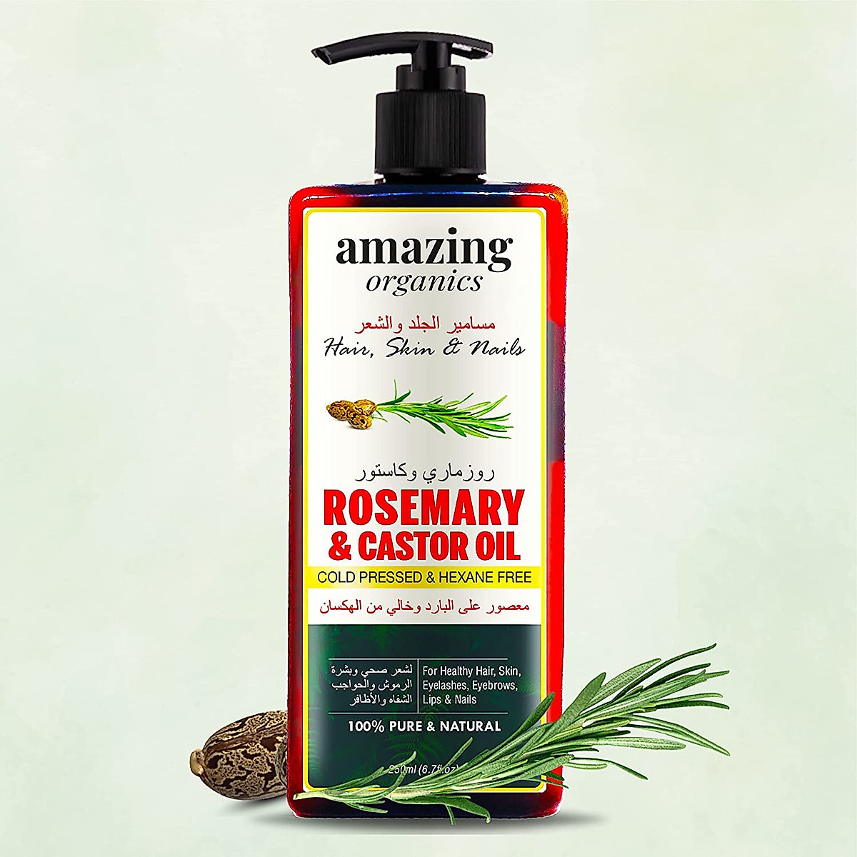 AmazingOrganics Rosemary and Castor Oil - 100% Pure Organic Non-GMO Cold-Pressed Castor Oil for Healthy Hair, Skin, Nails, Eyebrows, and Eyelashes 250 ml