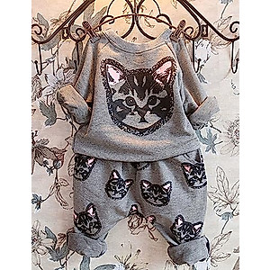 puseky Toddler Kids Girls Cute Cat Sweatshirt Tops & Pants Tracksuit Outfits Set (3T-4T, Grey)