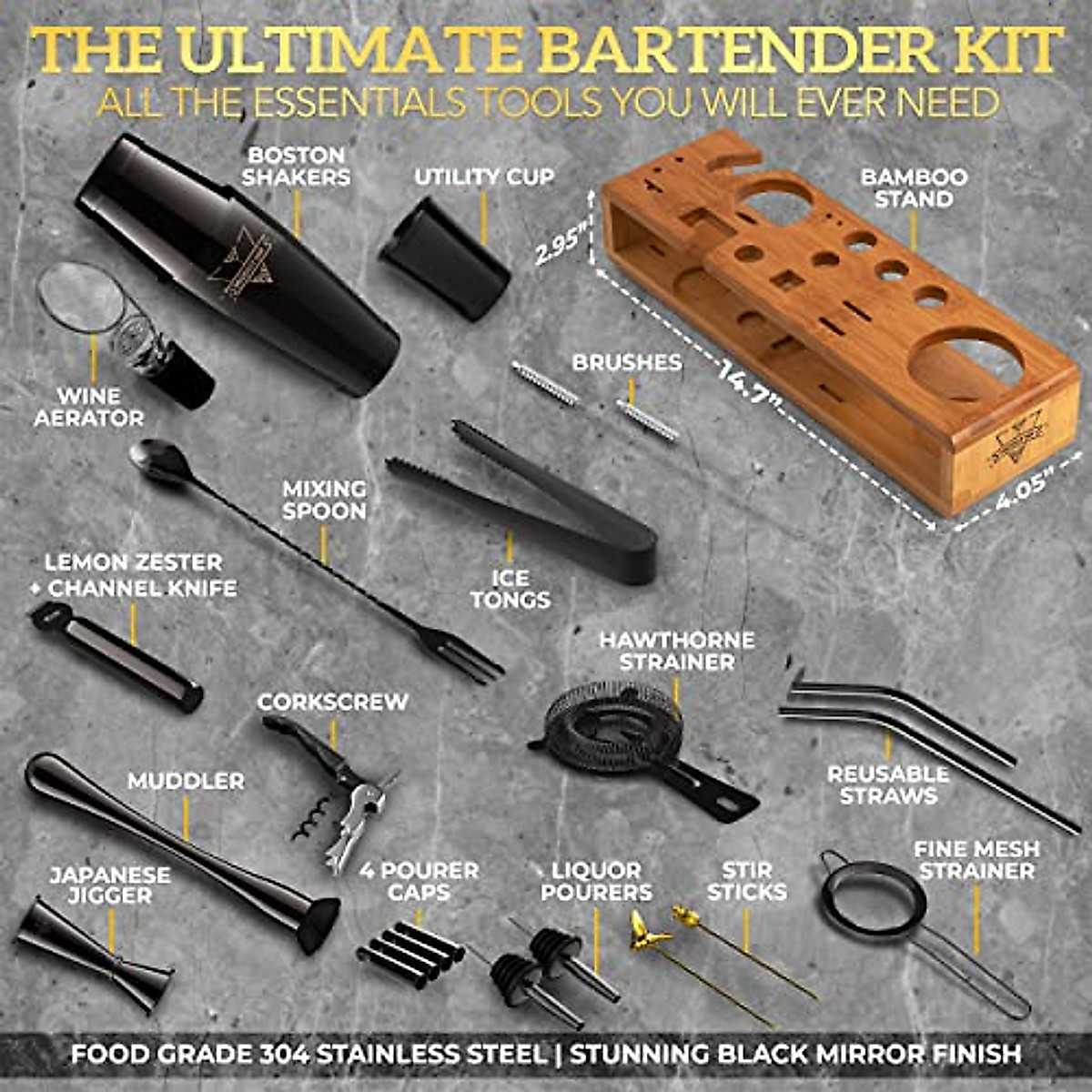 Mixology Bartender Kit: 20-Piece Boston Cocktail Shaker Set with a Bamboo Stand Bartending Kit for Drink Mixing | Perfect Cocktail Kit Black Bartender set | Ideal Cocktail Set for Home Bar Set Bar Kit
