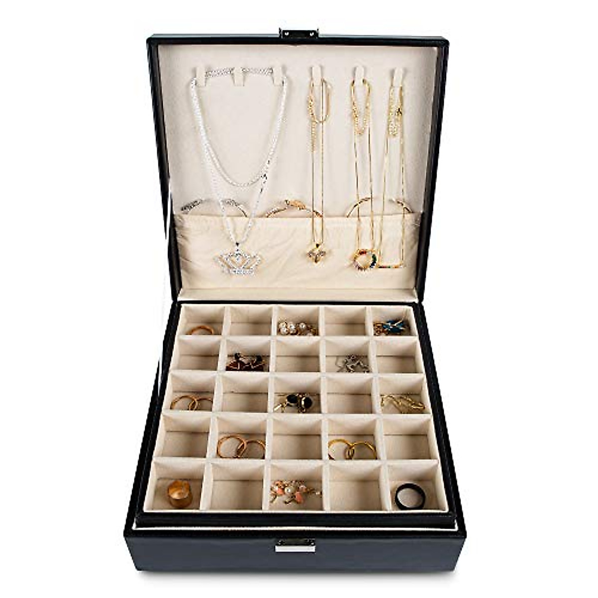 Frebeauty Earring Organizer Classic Jewelry Box 50 Slots Double Layer Jewelry Storage Case with 6 Necklace Hook and Bracelet Pocket (Black)