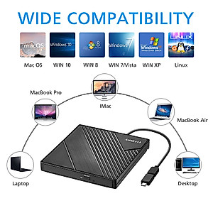 Amicool External DVD Drive USB 3.0 USB C CD Burner CD/DVD +/-RW Optical Drive Slim Portable DVD CD ROM Rewriter Writer Duplicator for Laptop Desktop PC Windows 10/8/7 MacBook Mac Linux OS Apple
