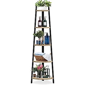 SpringSun 5-Tier Corner Ladder Wood Shelf, Display Rack Multipurpose Bookshelf and Plant Stand for Living Room and Office