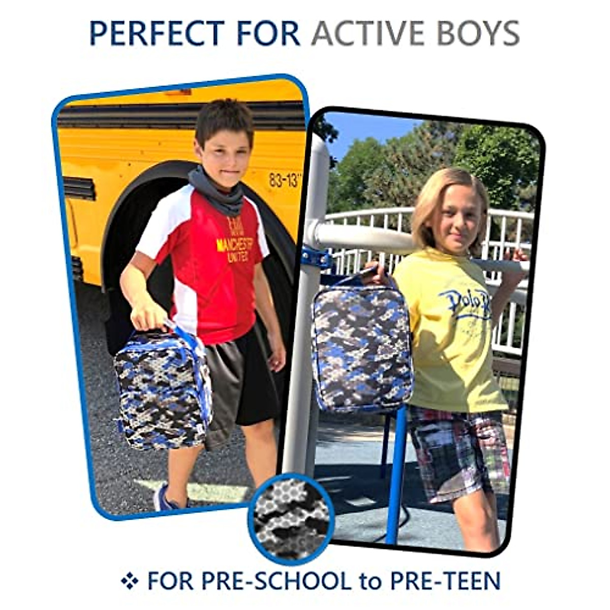 Bundle of Camo Lunch-Box for Boys 4 Compartments (Blue Camouflage) + Camo Lunch Box for Boys Kids Men with Ice Pack (Blue Black Camouflage)
