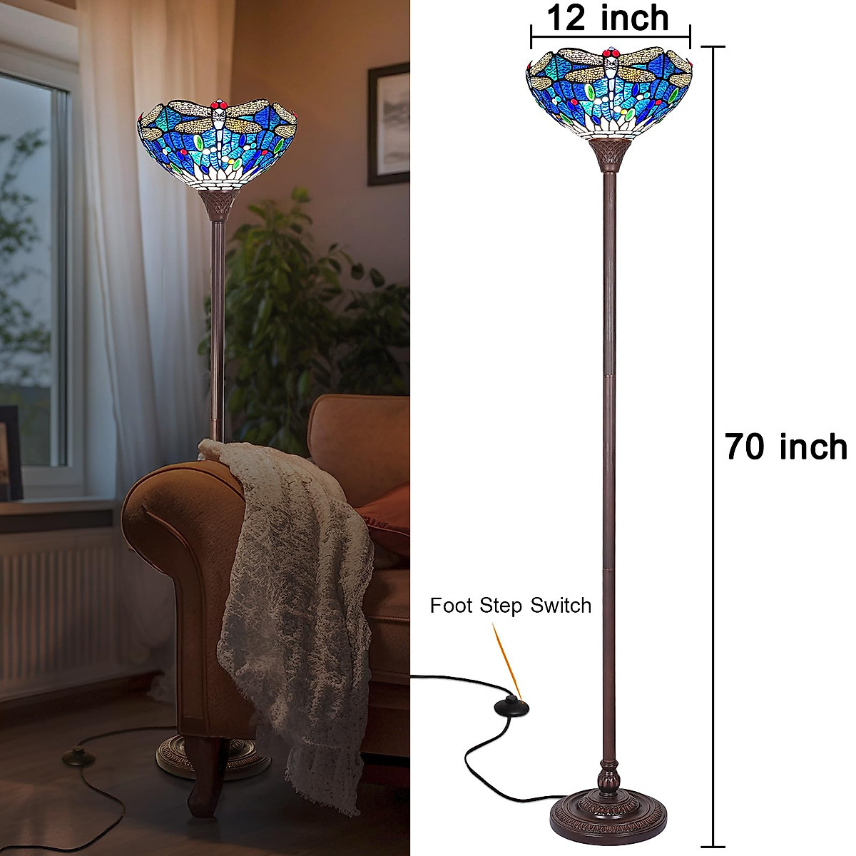 Capulina Sea Blue Tiffany Torchiere Floor Lamp Industrial Dark Bronze Pole Dragonfly Style Stained Glass Standing Light for Living Room Bedroom