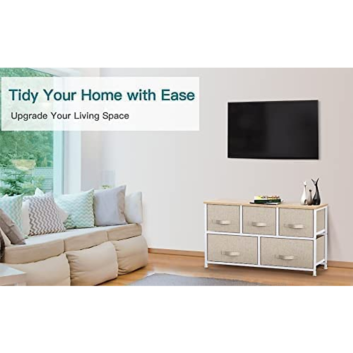 Pipishell Fabric Dresser with 5 Drawers, Wide Dresser Storage Tower, Organizer Unit with Wood Top and Easy Pull Handle for Closets, Living Room, Nursery Room, Hallway