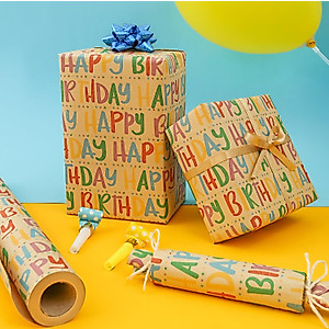CAMKUZON Kraft Birthday Wrapping Paper Roll with Cutlines - Colorful Happy Birthday Text and Star Design - Gift Wrap Paper for Birthday Celebration Baby Shower, 17.4 Inch