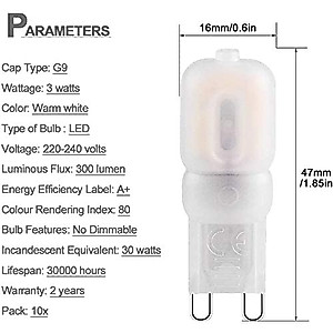 Velouer G9 LED Bulb Dimmable 3W, 25W Halogen Equivalent, 3000K Soft Warm White, 120V No-Flicker, Chandelier Lighting 270LM (10 Pack)