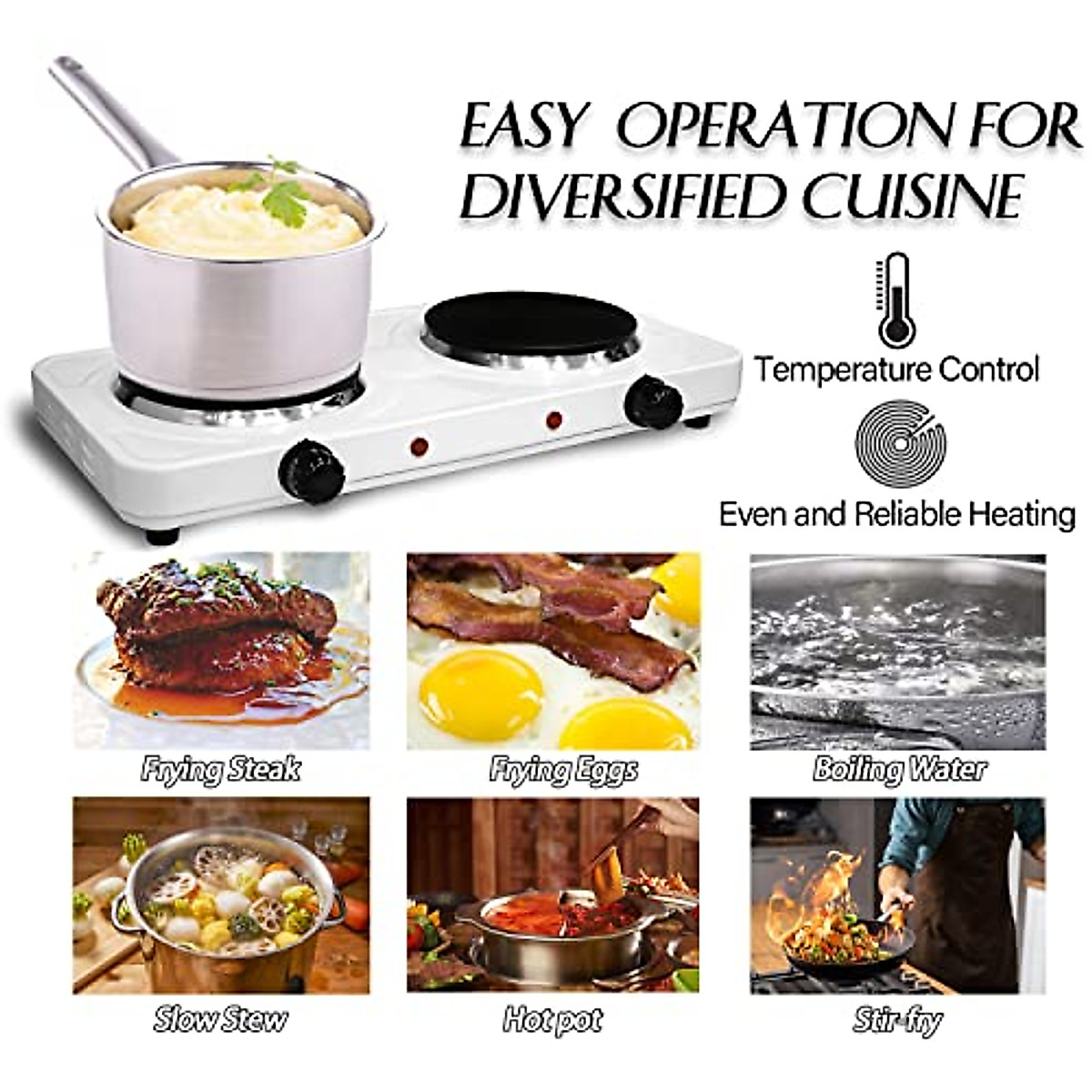 VNIMTI 2000W Countertop Burner Electric Double Hot Plate Stainless Steel Flat Burner Cast Iron Cooktop for Dorm, Office, Home, camping. Temperature Control & Compatible with All Cookware & Fast Heating & Easy to Clean & Portable Compact, White