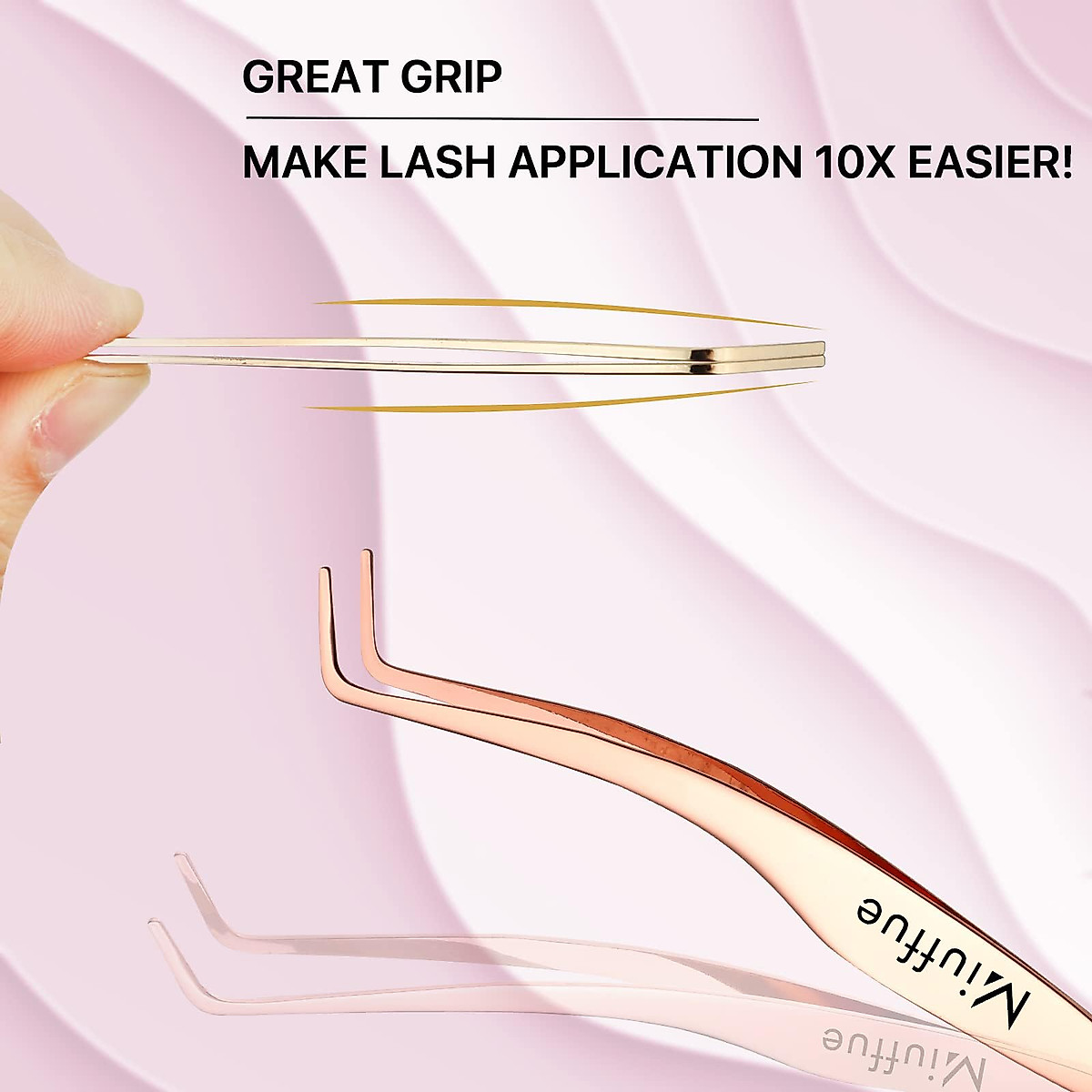 Miuffue False Eyelash Applicator DIY Lash Applicator Tool Stainless Steel Curved Eyelash Tweezers for Strip Lashes, Rose Gold