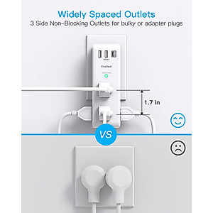 Surge Protector Outlet Extender - with Rotating Plug, 6 AC Multi Plug Outlet with 3 USB Ports (1 USB C), 1800 Joules, 3-Sided Swivel Power Strip with Spaced Outlet Splitter for Home, Office, Travel