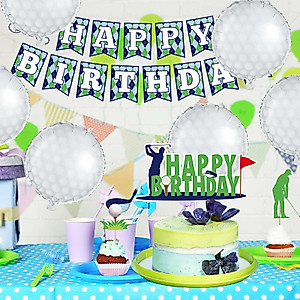 Containlol 32 Pieces Golf Birthday Party Supplies Decor Kits Golf Theme Happy Birthday Banner Golf Themed Cake Toppers Happy Birthday Cake Inserts Golf Aluminum Foil Balloons for Golf Themed Party