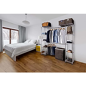 Seville Classics Closet Garment Organizer with Metal Hanging Rod Wardrobe Storage System w/Steel Shelves for Clothes, Shirts, Jackets, Coats, Blankets, Shoes, 58" to 83" W x 14" D x 72"