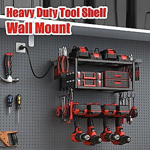 JUNNUJ Tool Organizer with Charging Station, 3 Layers Wall Mount Garage Tools Storage with 8 Outlets Power Strip, 4 Drills Holder Battery Heavy Duty Metal Shelf, Utility Rack with Hooks, Black