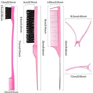 Remerry 12 Pieces Hair Brush Set, Nylon Teasing Hair Brushes 3 Row Salon Teasing Brush, Double Sided Edge Smooth Comb Grooming, Rat Tail Combs with Duckbill Clips for Women(Pink)
