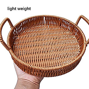 3 Pack Woven Serving Tray with Handles, Imitation Rattan Woven Tray, Hand-Woven Tray,Woven Basket, Storage Basket, Round Double Handle (Imitation Rattan, Brown)