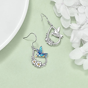 VONALA Hummingbird Earrings 925 Sterling Silver Blue Bird Drop Earrings Daisy Dangle Dangling Earrings Hummingbird Jewelry Gift for Women