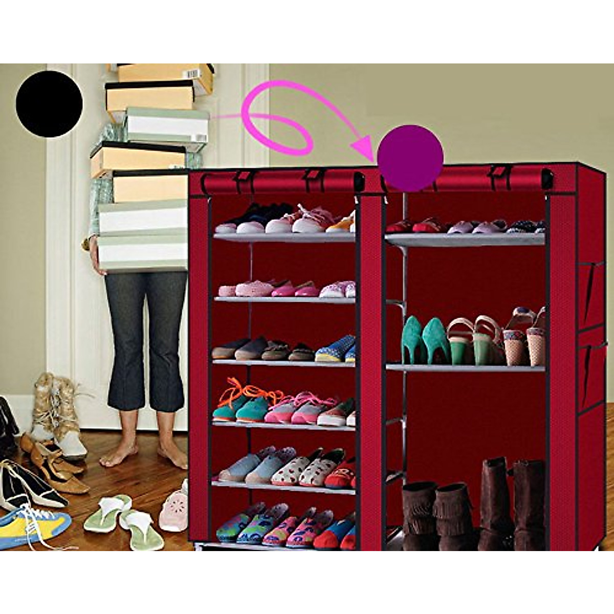 Shoe Rack Storage Organizer, Portable Double Row with Nonwoven Fabric Cover Shoe Rack Cabinet for Closet (Wine Red)
