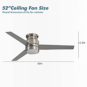 warmiplanet Flush Mount Ceiling Fan with Lights Remote Control, 52-Inch, Brushed Nickel(3-Blades)