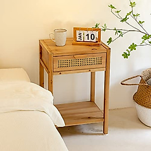 COZAYH Set of 2 Modern Minimalism Nightstand End Table Side Table with Woven Pattern Drawer and Shelf Storage, Rustic Farmhouse Style, Natural