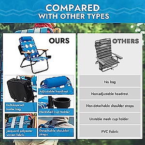 Dowinx Beach Chair with Cooler Bag, Folding Caming Chair with Backpack Straps, High Back 3 Position-Reclining Outdoor Chair Aluminum Frame(Blue)