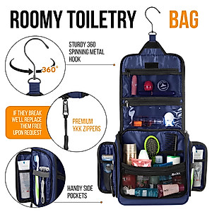 Travel Toiletry Bag for Men and Women - Large Hanging Toiletry Organizer - Waterproof Hygiene Bag with Metal XXL Swivel Hook, with YKK Zippers and 19 Compartments for Toiletries, Makeup, Cosmetics