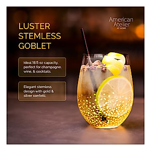 American Atelier Luster Stemless Goblet | Set of 6 | Made of Glass | Gold and Silver Confetti Design | 18-Ounce Capacity | Smooth Rim Red Wine Glasses | White Wine Tumblers