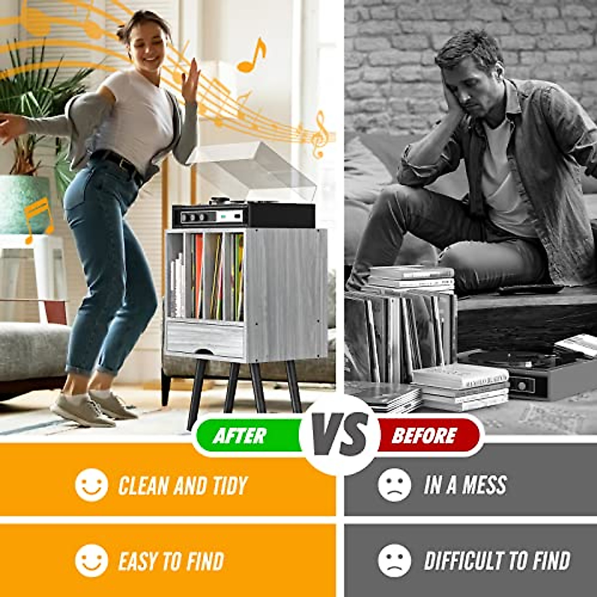 WASAIT Record Player Stand Vinyl Record Storage Table with Drawer Record Display Turntable Stand with Wood Legs 3-Tiers Vinyl Holder Cabinet for Living Room Bedroom Grey