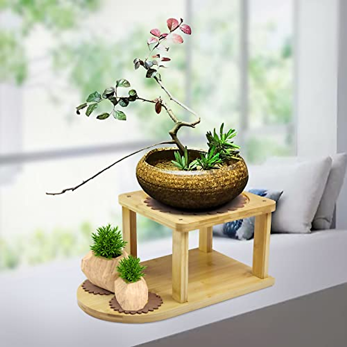 Kcgani Bamboo Water Beverage Dispenser Stand, 2 Tier Glass Water Dispenser Countertop with Silicone Pad, Drinking Water Crock Base, Bamboo Stand for Drinks, Laundry Detergent, Plant, Party