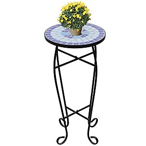 NusGear Mosaic Side Table Plant Table Blue White, Material: Iron Tube + Ceramic Tile -128
