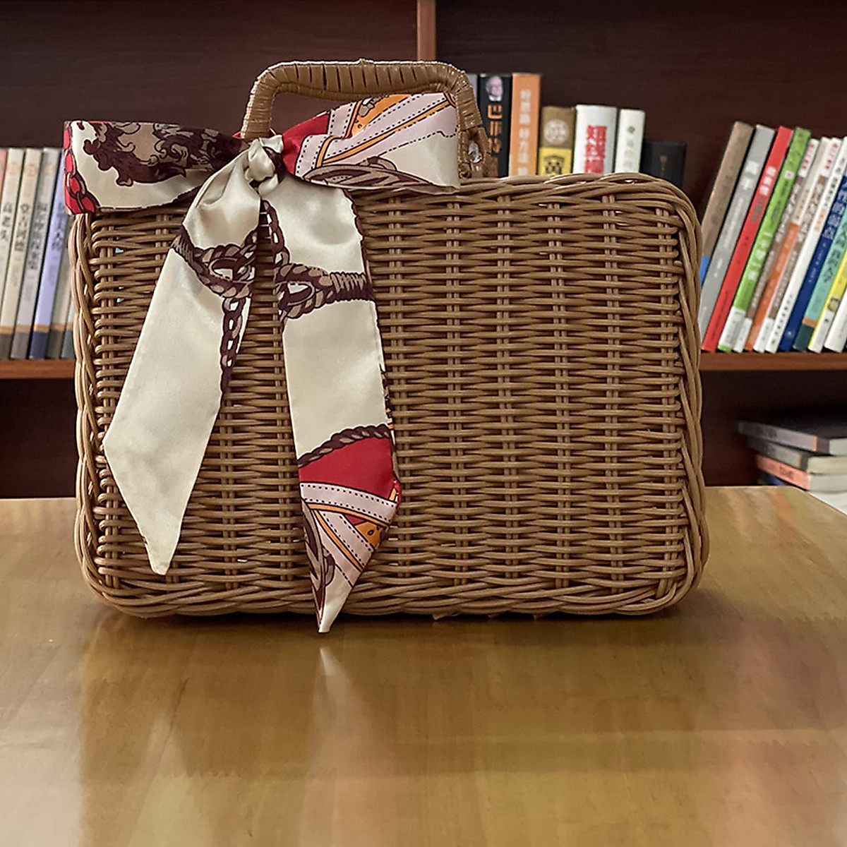 MSUIINT Rattan Storage Basket, Retro Wicker Suitcase, Willow Handwoven Receiving Bins with Handles, Straw Seaweed Makeup Organizer, Vintage Crossbody Bags Container Womens Handbag, 8.7x6.7x4.3 inch