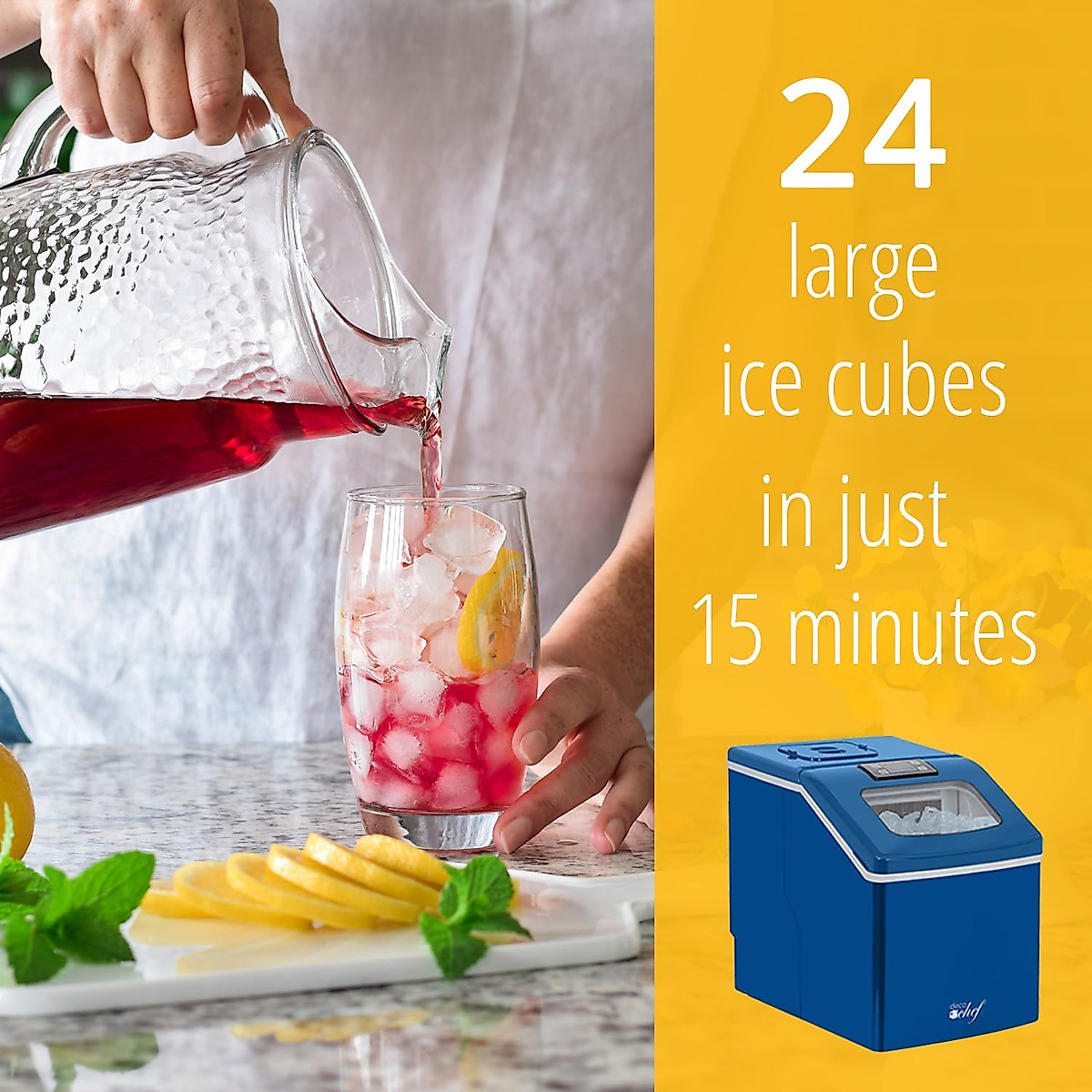 Deco Chef Countertop Ice Maker 40LB/24H, 24 Full Cubes Every 15 Minutes, Adjustable Size, Digital Control and Timer, Self-Cleaning, EZ Access Flip Lid, Scoop Included, Blue