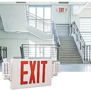 EXITLUX 2 Packs UL Listed- Led Red Exit Sign Emergency Light Combo- Two LED Adjustable Head Emergency Exit Lights with Battery Backup- ABS Fire Resistance 120-277V-Double Face-Exit Sign for Business