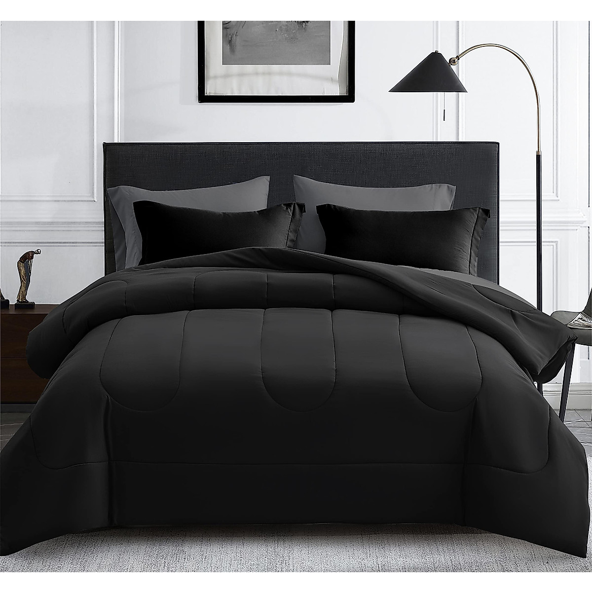 Maple&Stone Queen Size Comforter Set 7 Pieces Bed in a Bag - Down Alternative Bed Set with Sheets, Pillowcases & Shams, Soft Reversible Duvet Insert for Queen Bed, Black